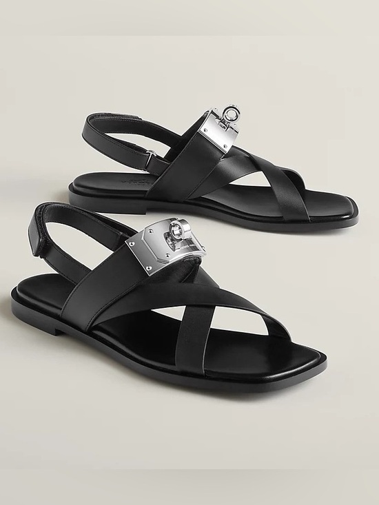 Hermes | Shoes | Nib Hermes Ines Sandal Kelly Lock Black Silver Open ...